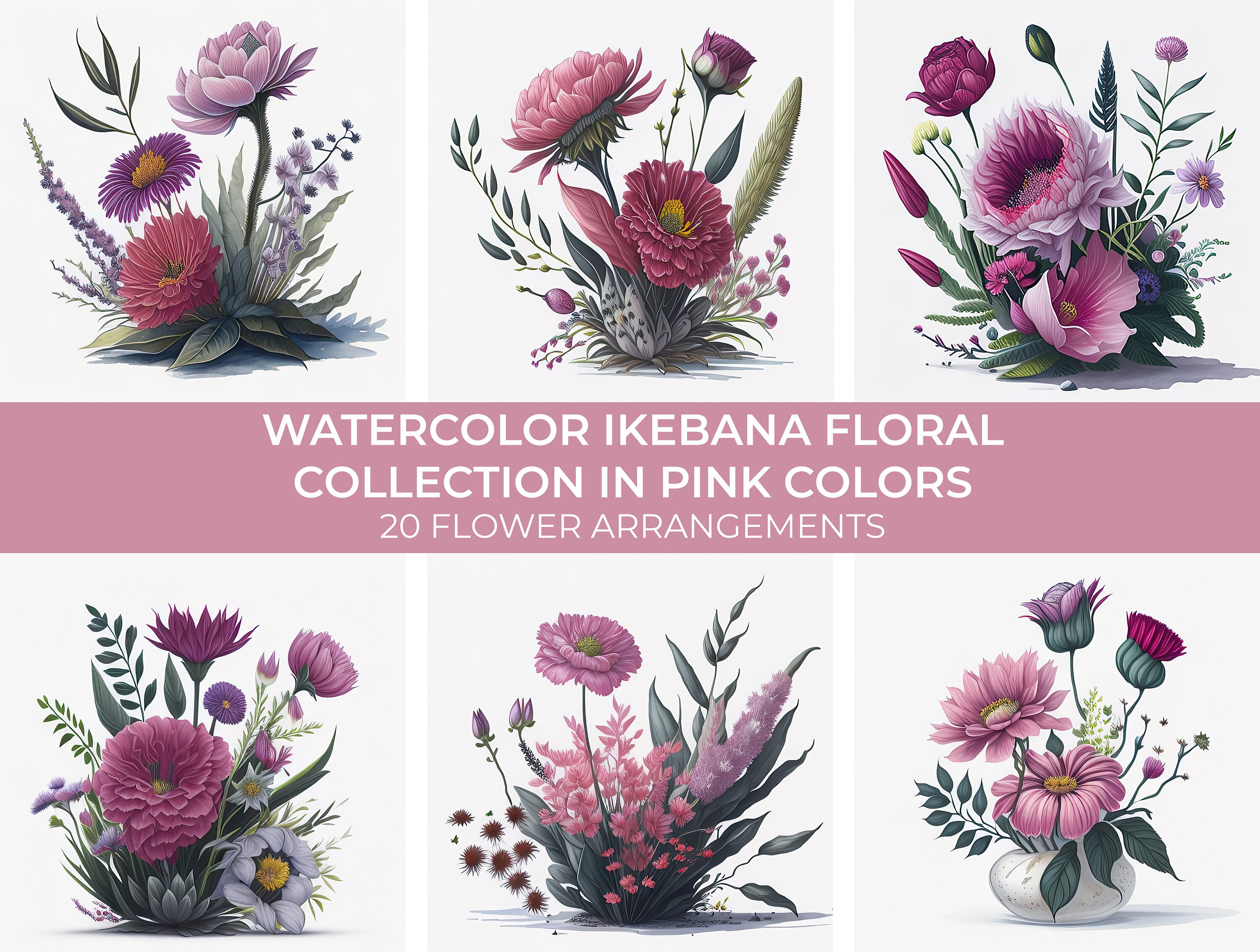 20 Watercolor Florals, Pink Colored Flowers, Ikebana Clipart, Wild ...