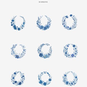 Blue Watercolor Flower Clipart, 50 Bouquets + 30 Wreaths PNG & JPEG ...
