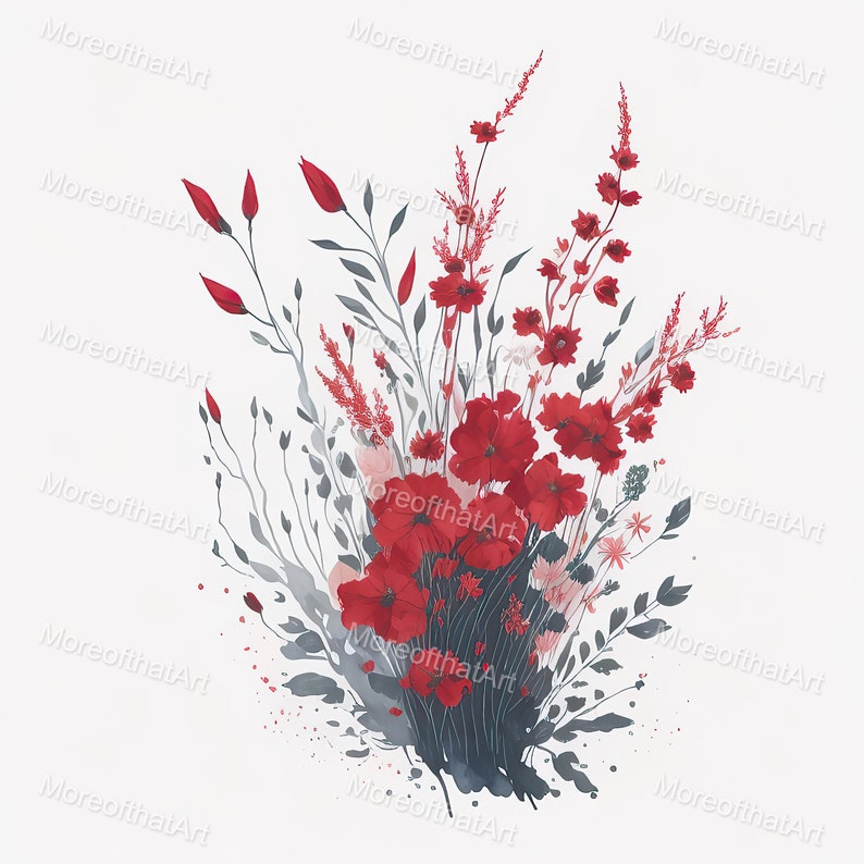 Wild Floral Clipart, Floral SVG Bundle, Red Watercolor Flower Clipart ...