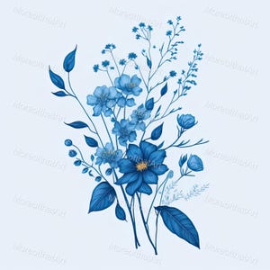 Blue Watercolor Flower Clipart, 50 Bouquets + 30 Wreaths PNG & JPEG ...