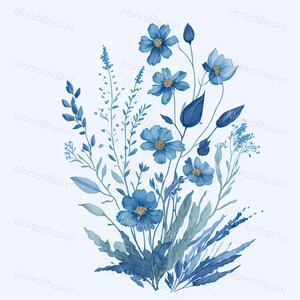 Blue Watercolor Flower Clipart, 50 Bouquets + 30 Wreaths PNG & JPEG ...