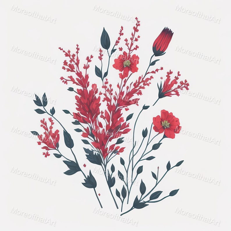 Wild Floral Clipart, Floral SVG Bundle, Red Watercolor Flower Clipart ...