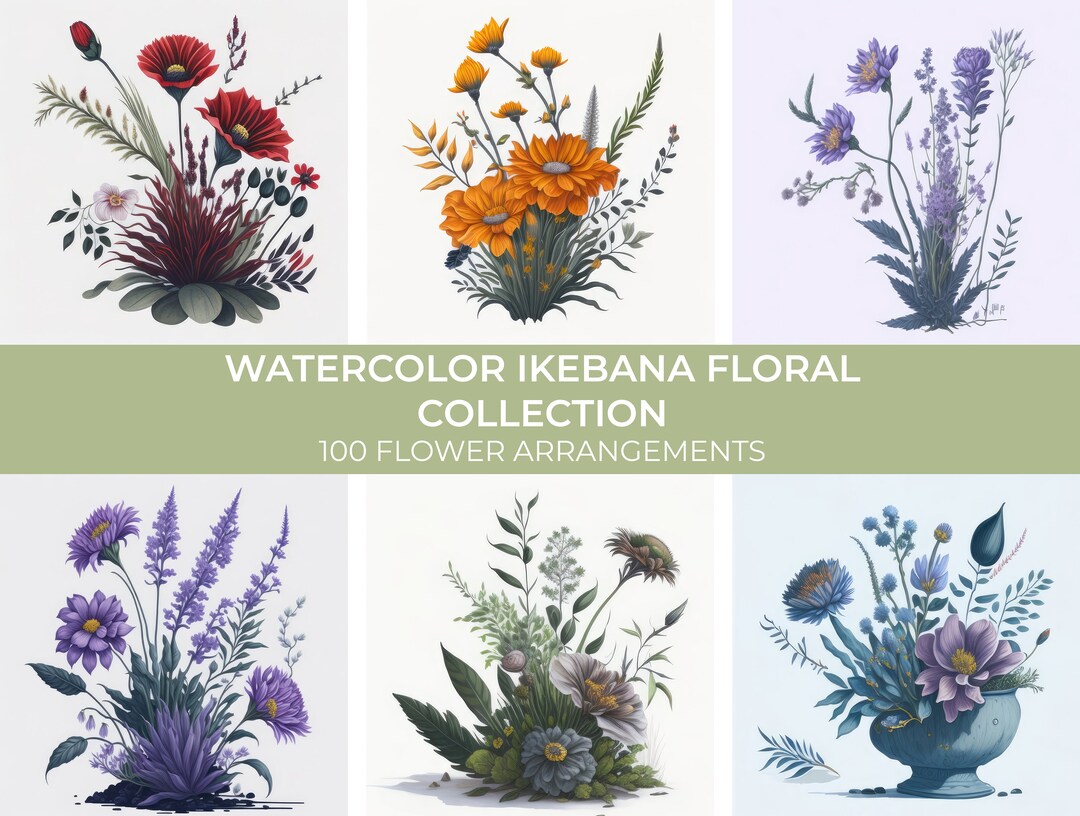 100 Watercolor Floral Clipart, Wild Flowers, Ikebana Arrangement ...