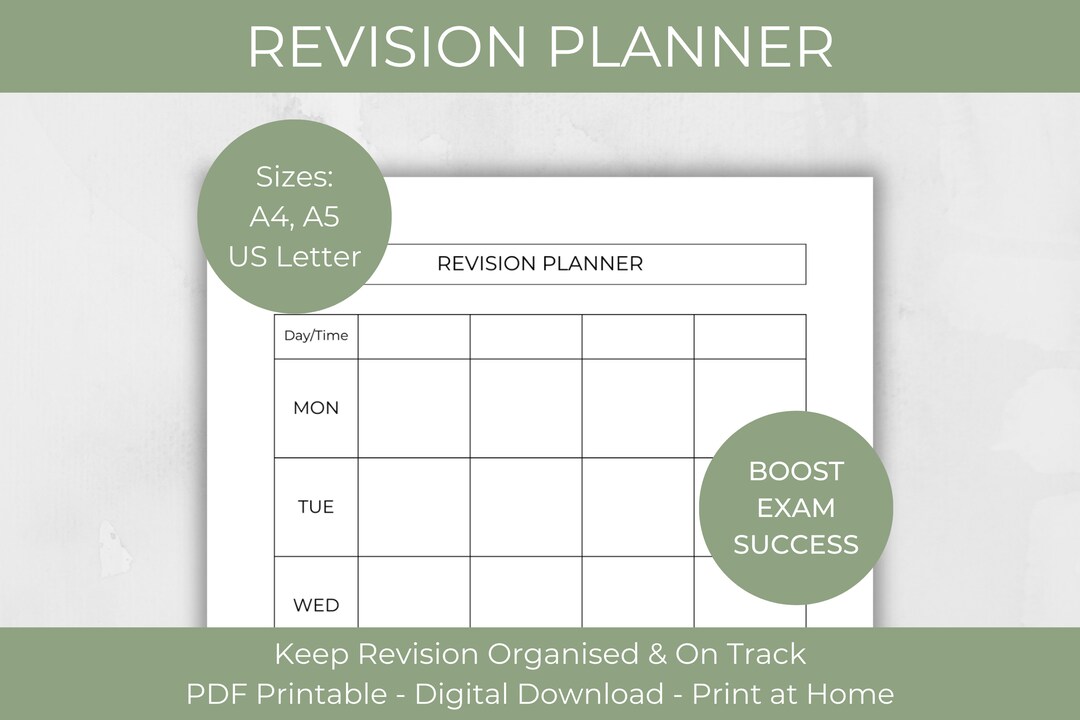 Revision Planner, Study Planner, Student Printable, Study Timetable, A4 ...