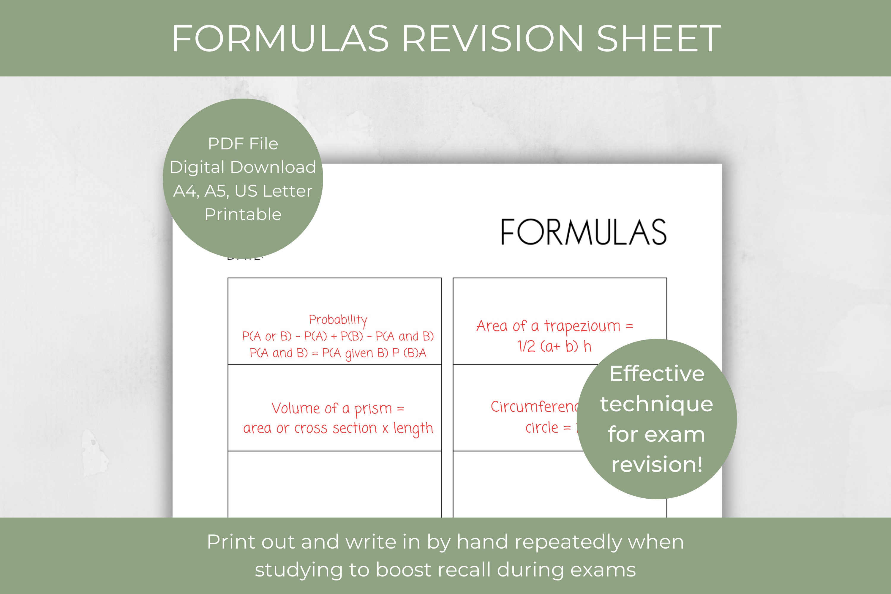 Formulas Printable Revision Sheet, GCSE Exam Study Help for Revising ...