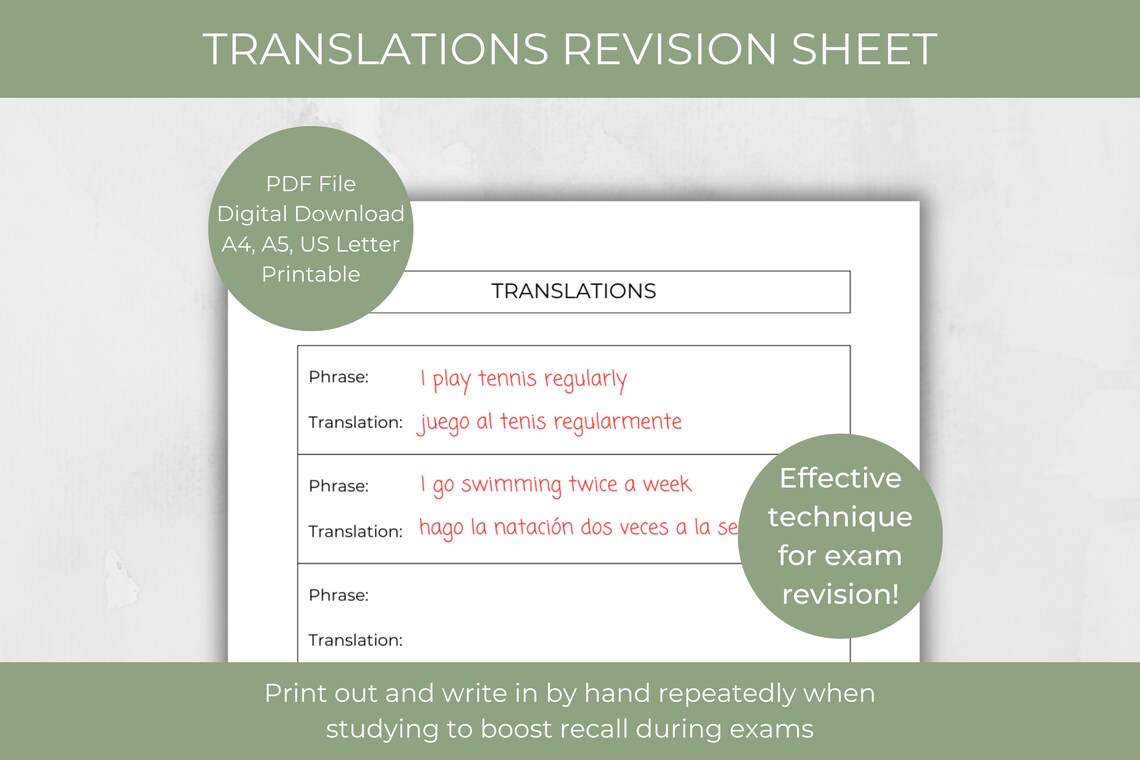 Translations Phrases Revision Sheet, Student Printable Revision ...