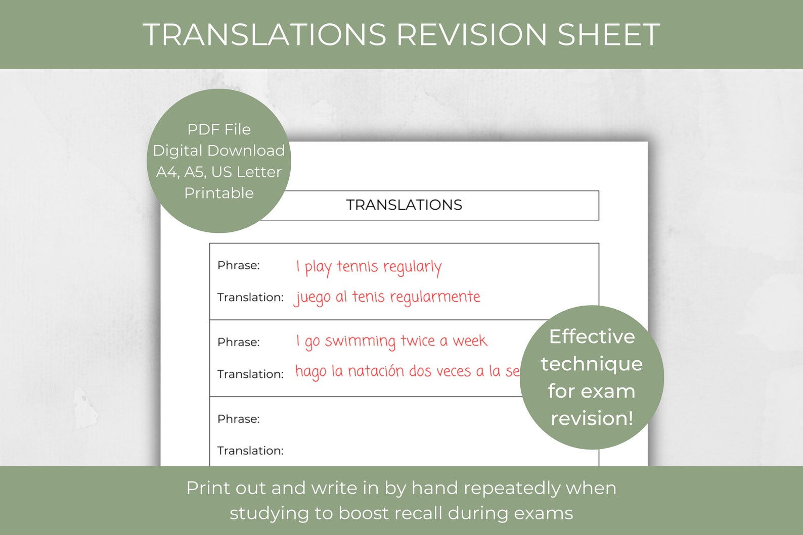 Translations Phrases Revision Sheet, Student Printable Revision ...