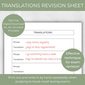Translations Phrases Revision Sheet, Student Printable Revision ...