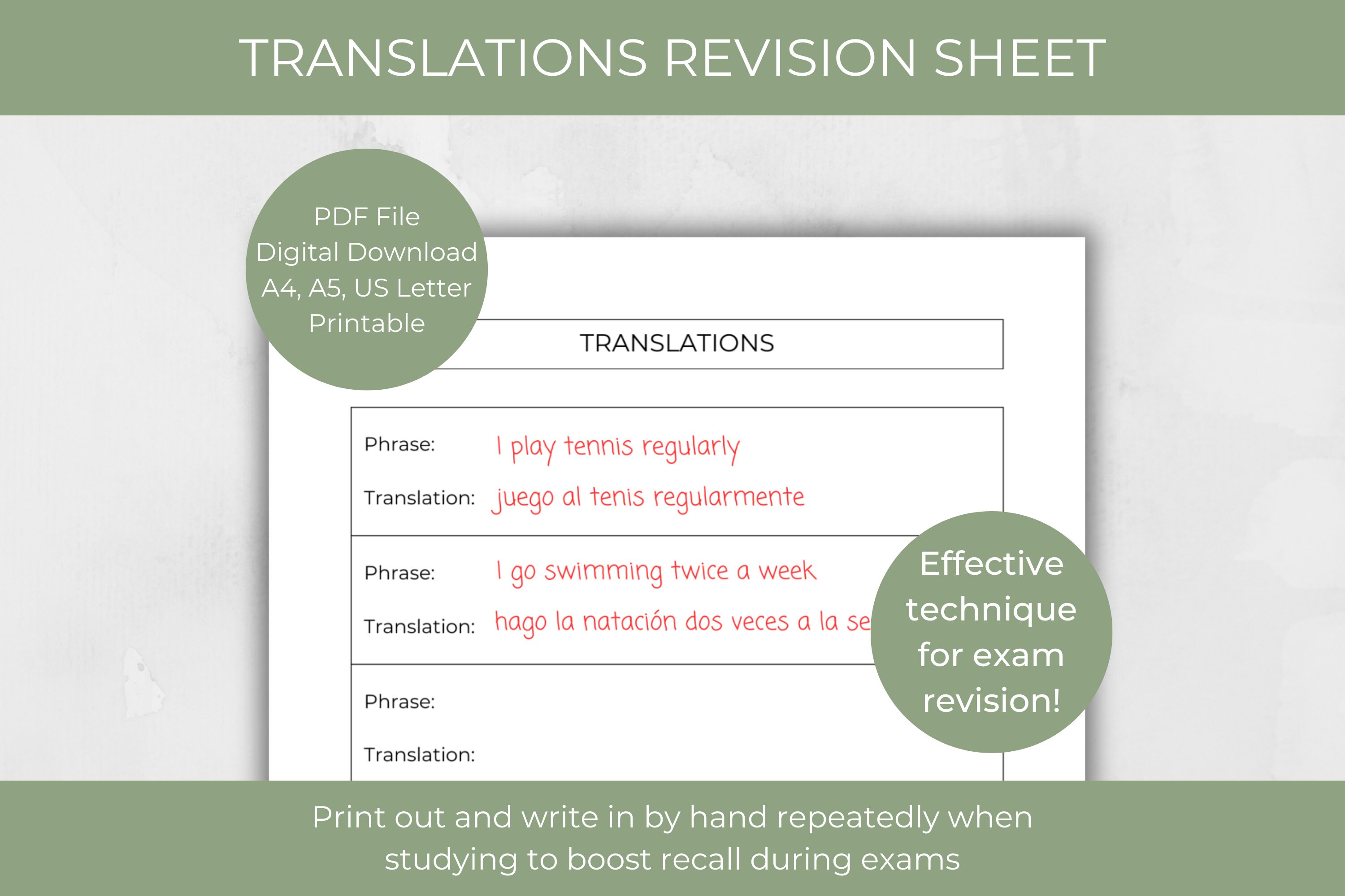 Translations Phrases Revision Sheet, Student Printable Revision ...