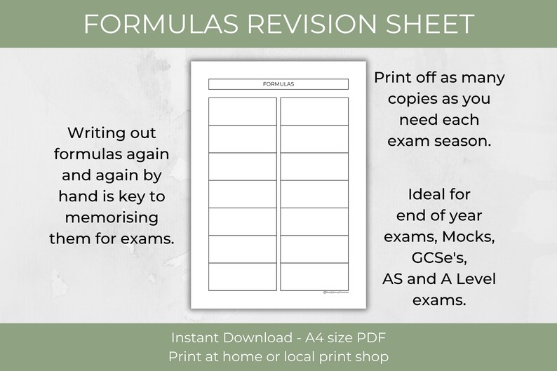 Formulas Revision Planner Study Planner Student Printable - Etsy