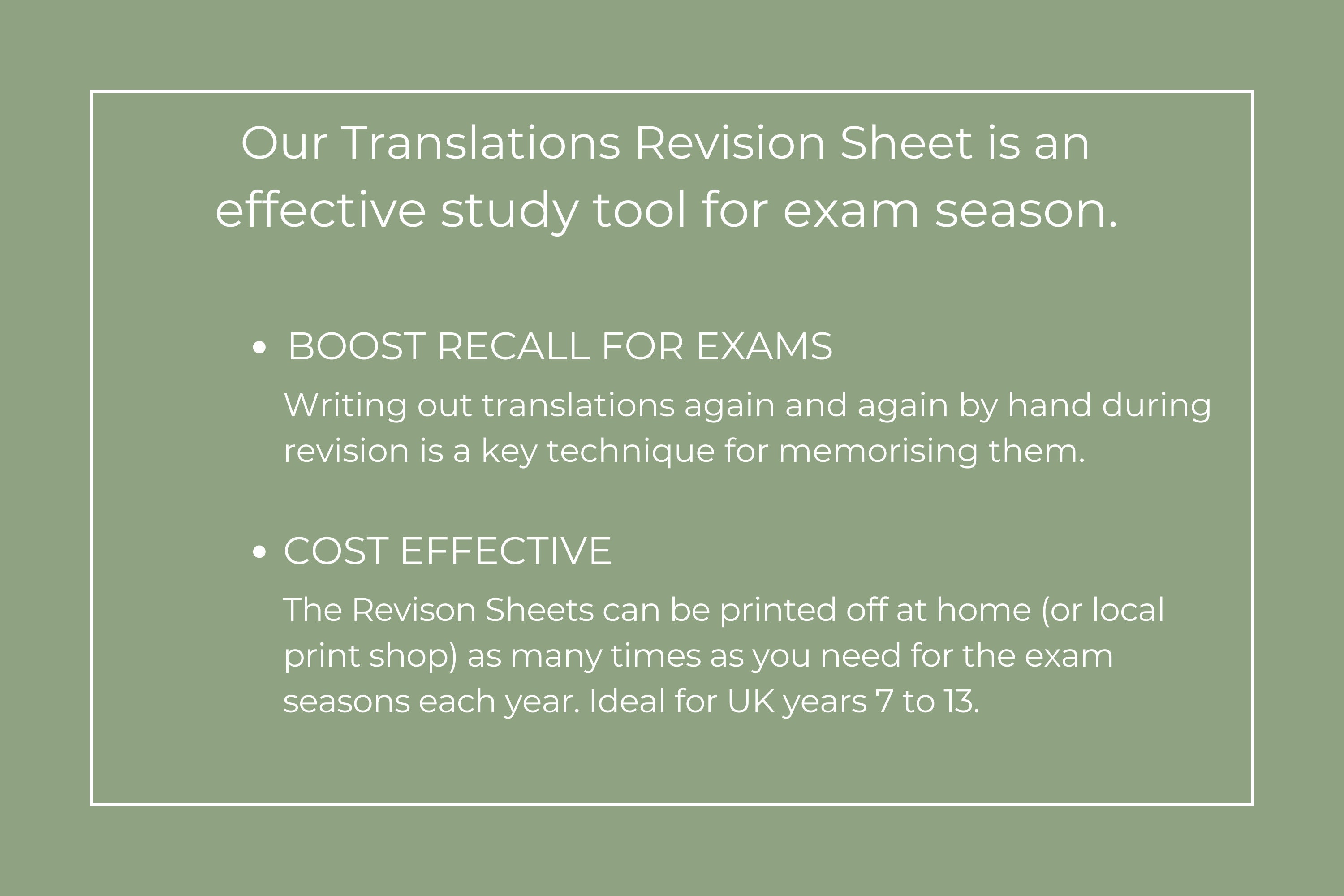 Translations Phrases Revision Sheet, Student Printable Revision ...