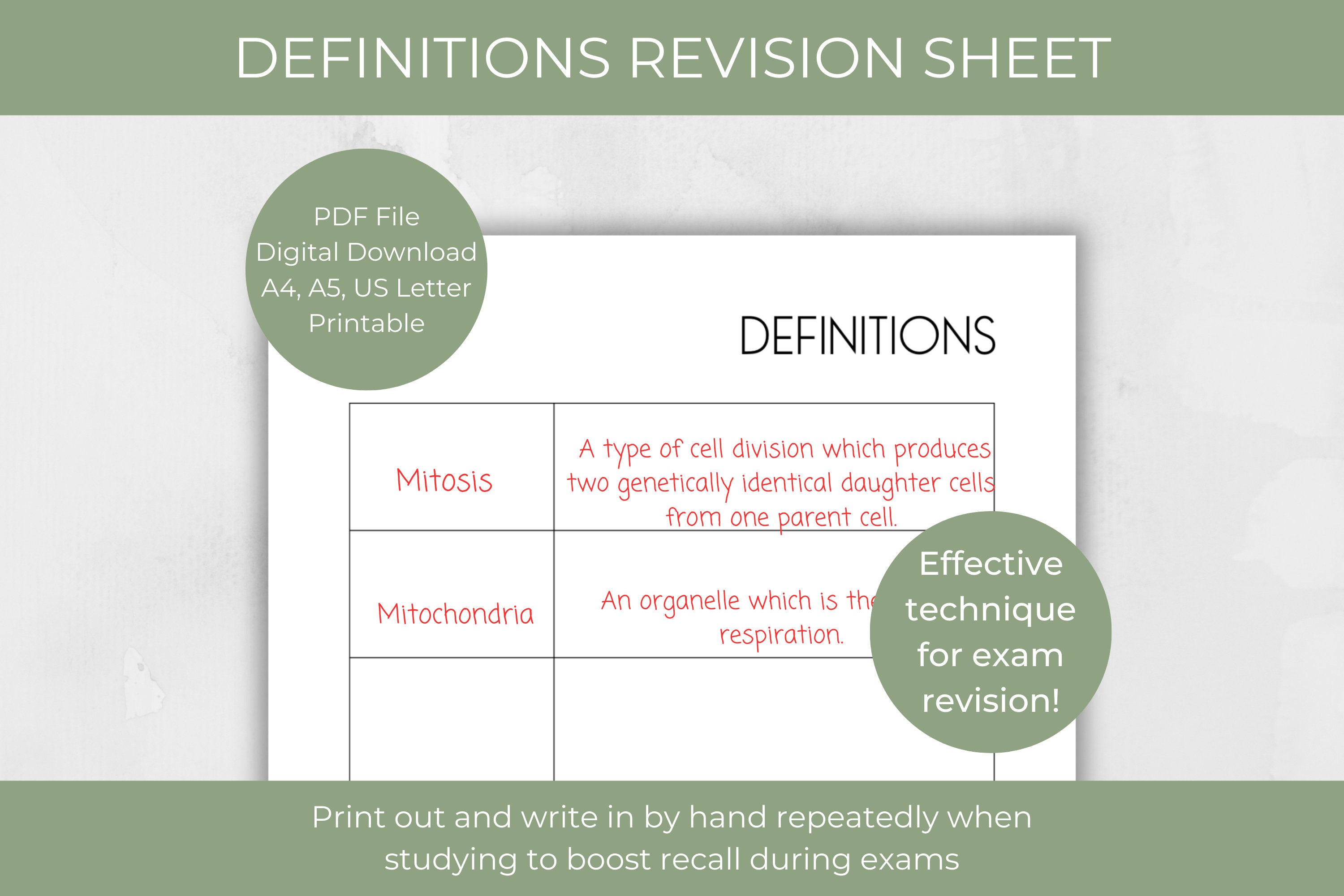 Definitions Printable Revision Sheet, GCSE Exam Study Help for Revising ...