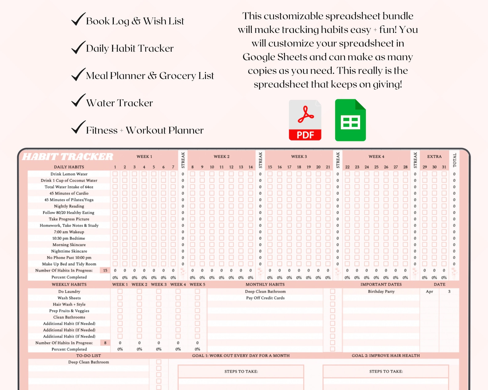 Fitness Tracker Spreadsheet for Google Sheets, Habit Tracker, Digital ...