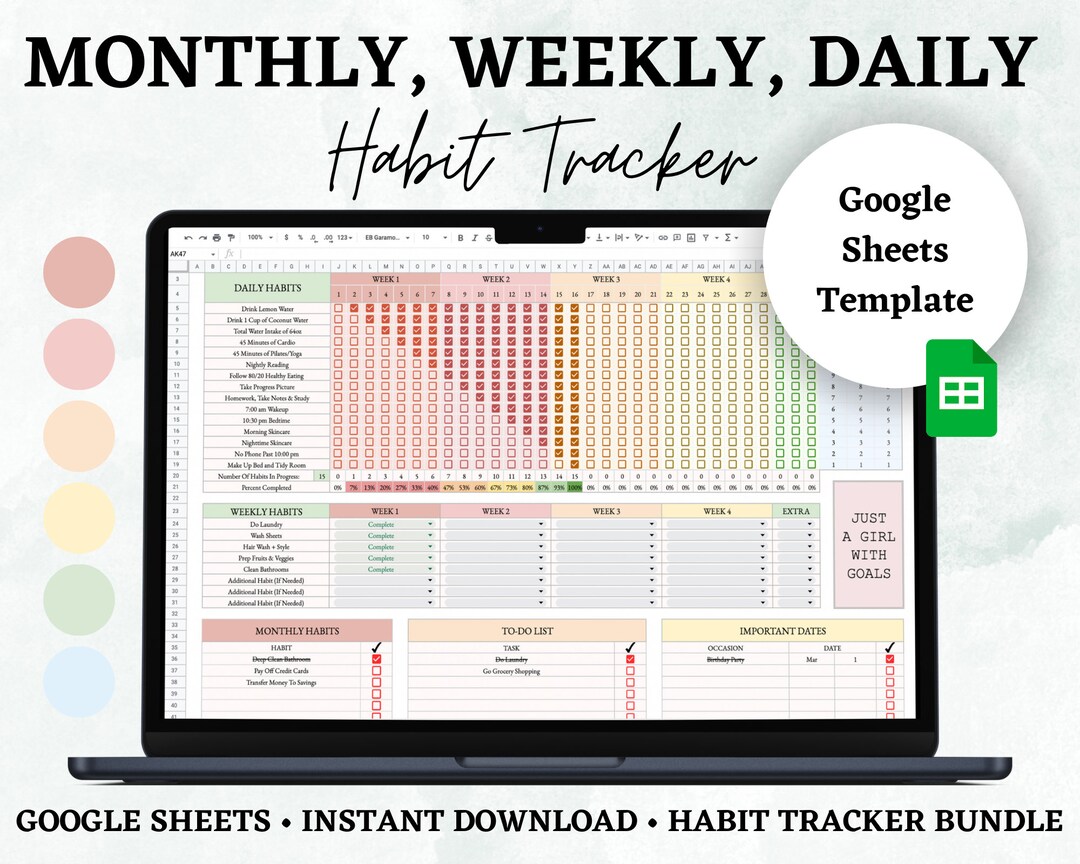 Google Sheets Habit Tracker, Digital Templates, Monthly Habit Tracker ...