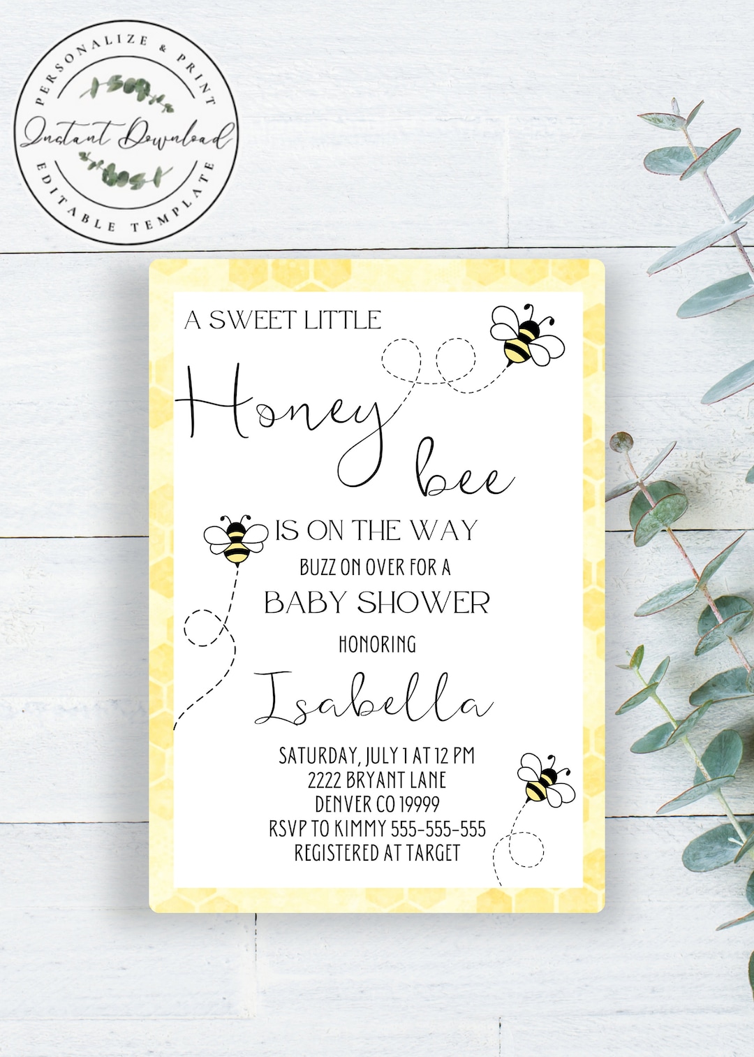 Bumble Bee Baby Shower Invitation, Editable Template, Baby Shower ...