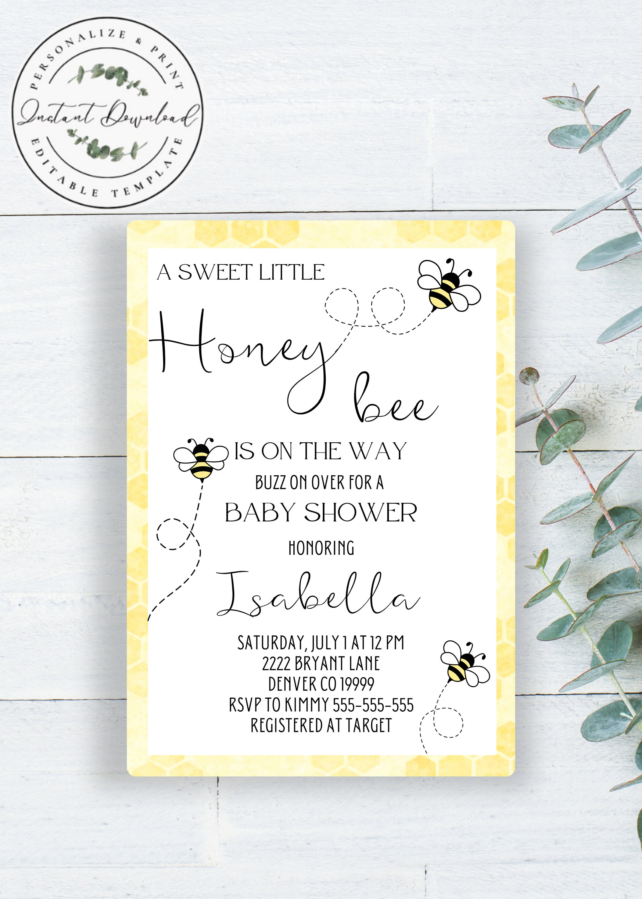 Bumble Bee Baby Shower Invitation, Editable Template, Baby Shower ...