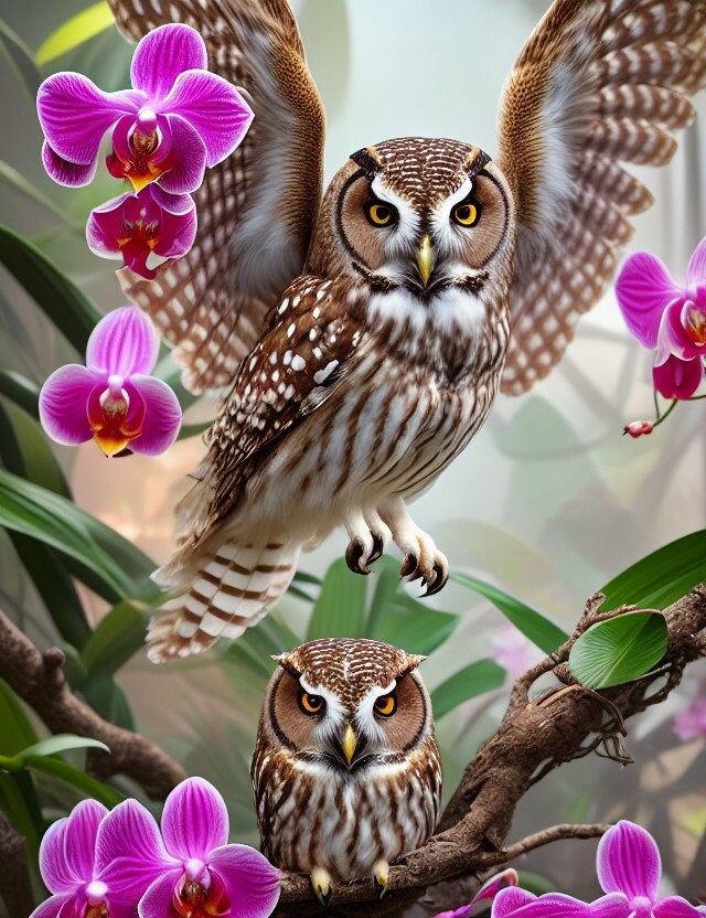 Digital Prints Flower Set Owls and Orchids | AI, Digital Image, Artwork ...