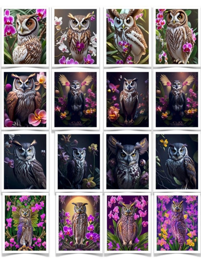 Digital Prints Flower Set Owls and Orchids | AI, Digital Image, Artwork ...