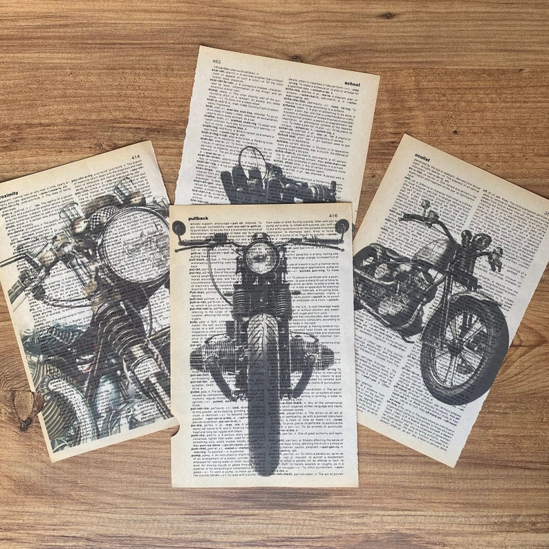 4 Motorcycle Prints on Antique Dictionary Page, Motorcycle Theme on ...