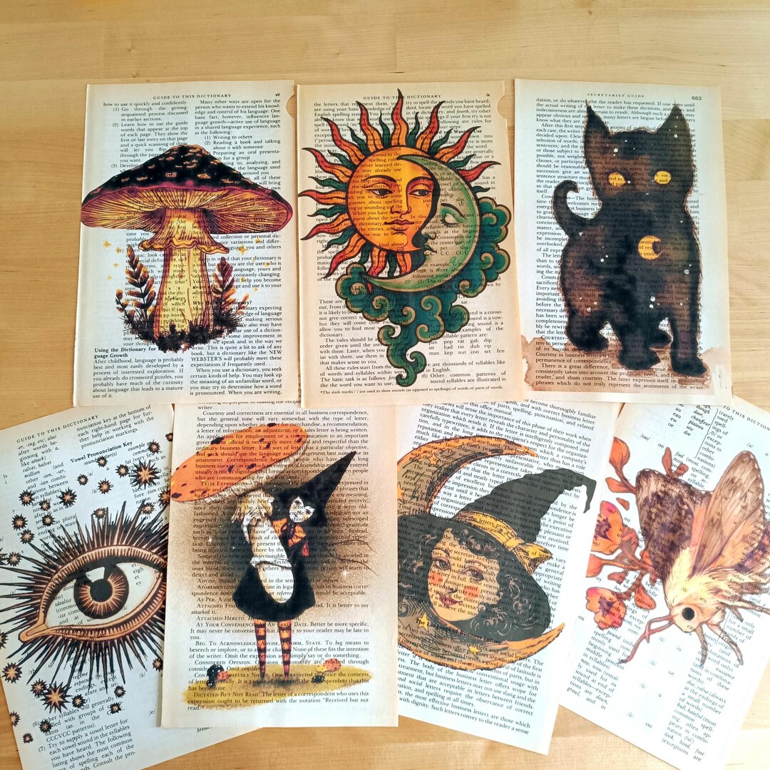 Witchy Vintage Dictionary Print Set – Black Cat, Moon, Witch, Mushroom ...