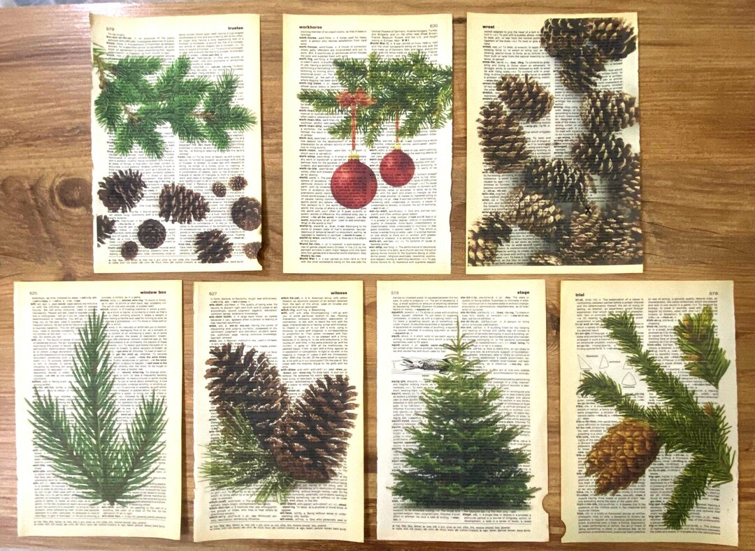 Set of 7 Pine Cone and Tree Dictionary Print, Botanical Art, Christmas ...