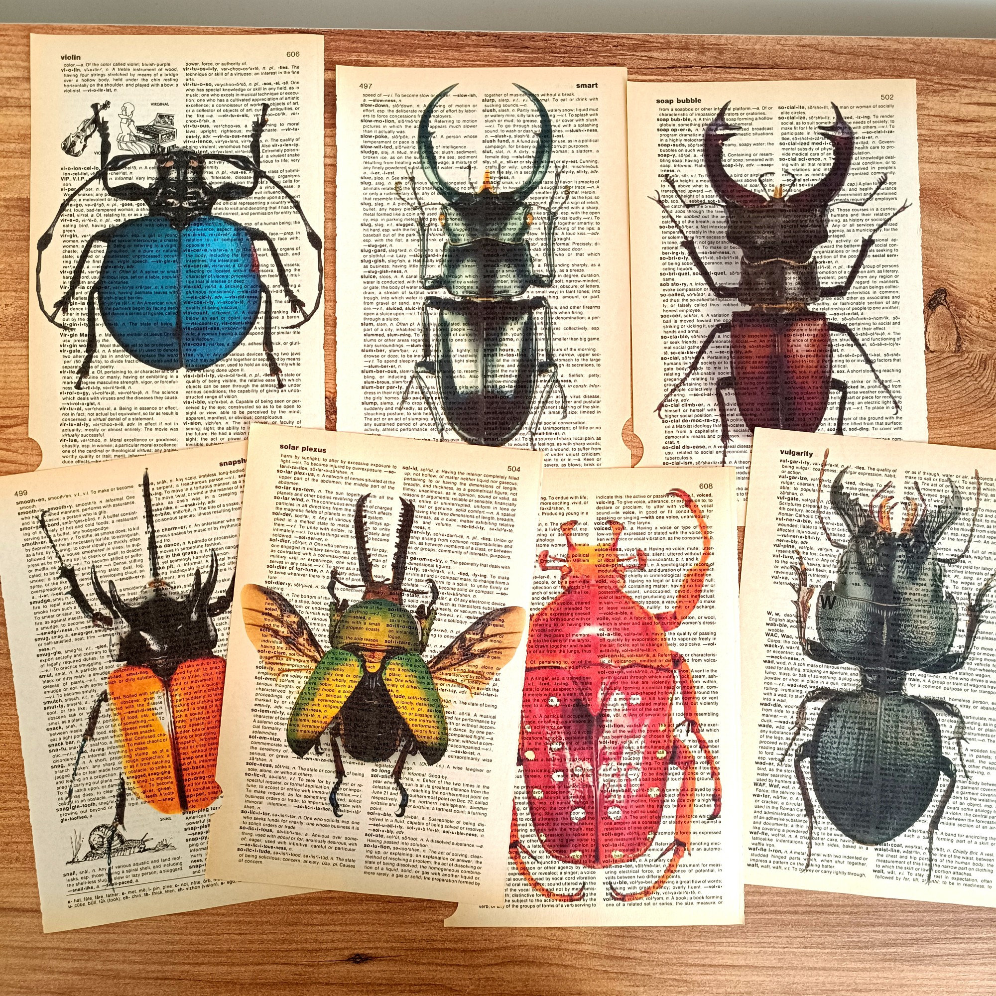 Bugs Prints on Antique Book Page, Set of 7 Insect Art Print on Old ...