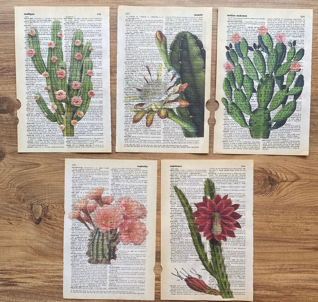 Set of 5 Cactus Art Prints on Old Dictionary Page, Cactus Theme on Book ...