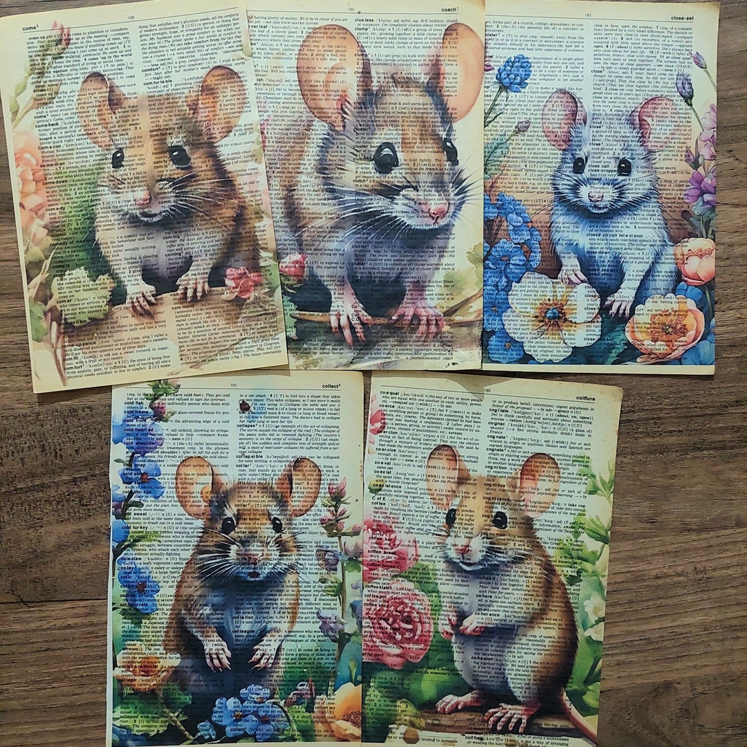 Set of 5 Mouse Print on Vintage Dictionary Page, Mouse Print, Animal ...