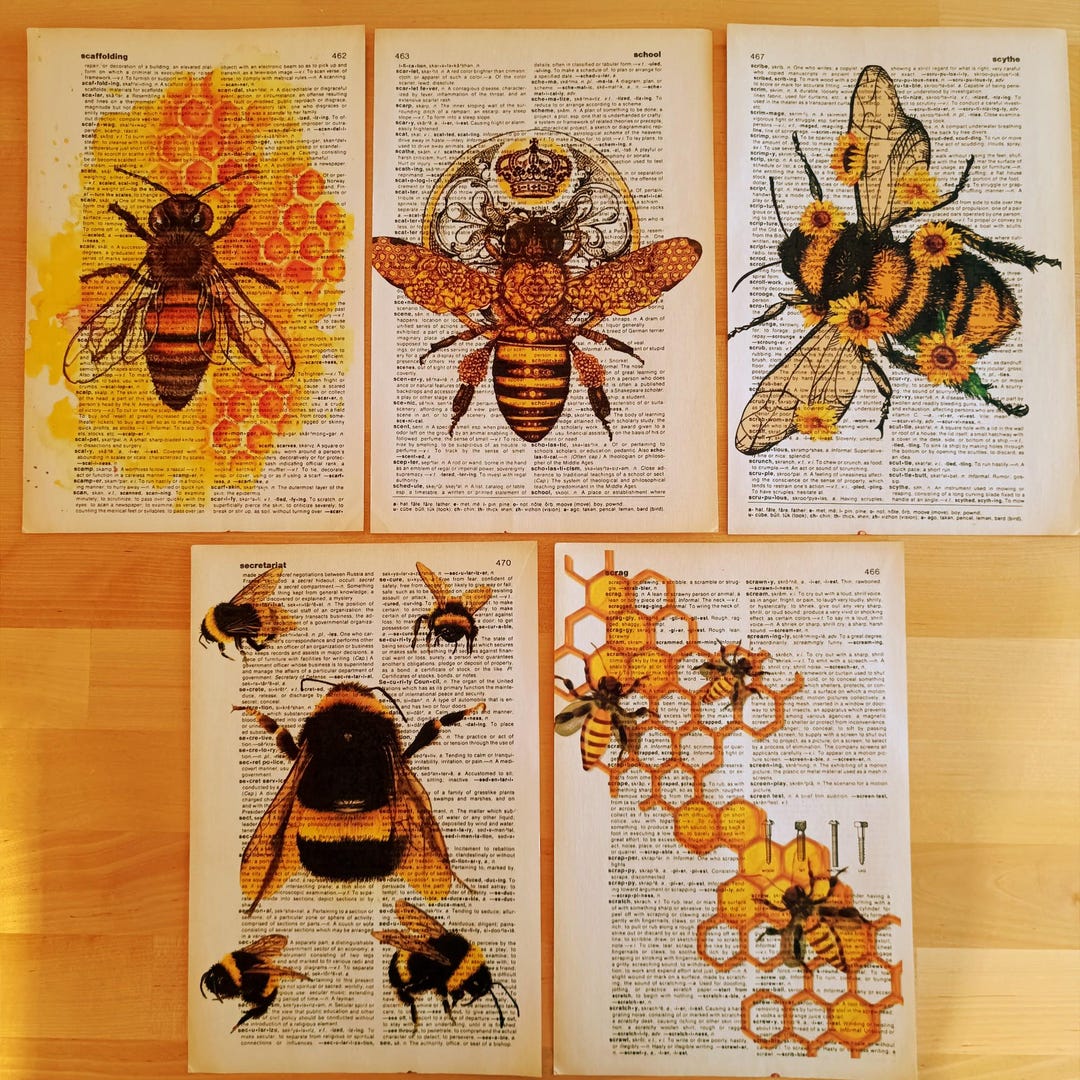 Set of 5 Art Prints on Old Dictionary Page, Bee and Honey Theme on ...
