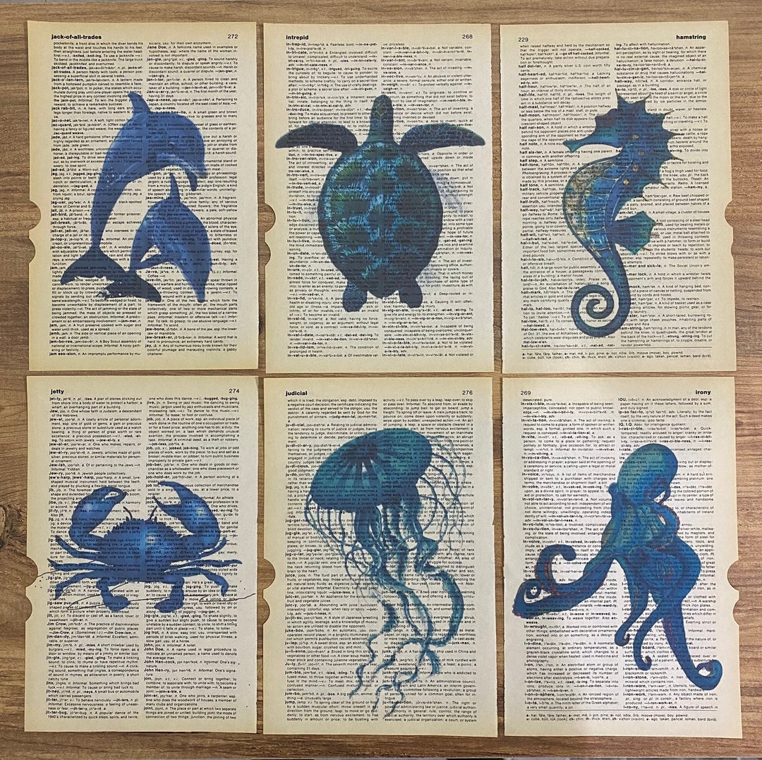 6 Blue Ocean Animals Theme Dictionary Print, Bathroom Wall Art, Marine ...