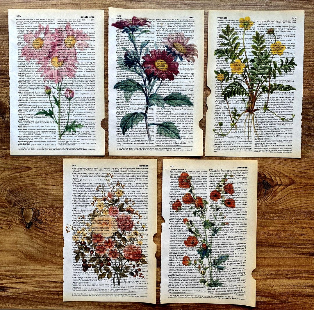 Set of 5 Flower Dictionary Print, Botanical Art Set, Floral Wall Prints ...