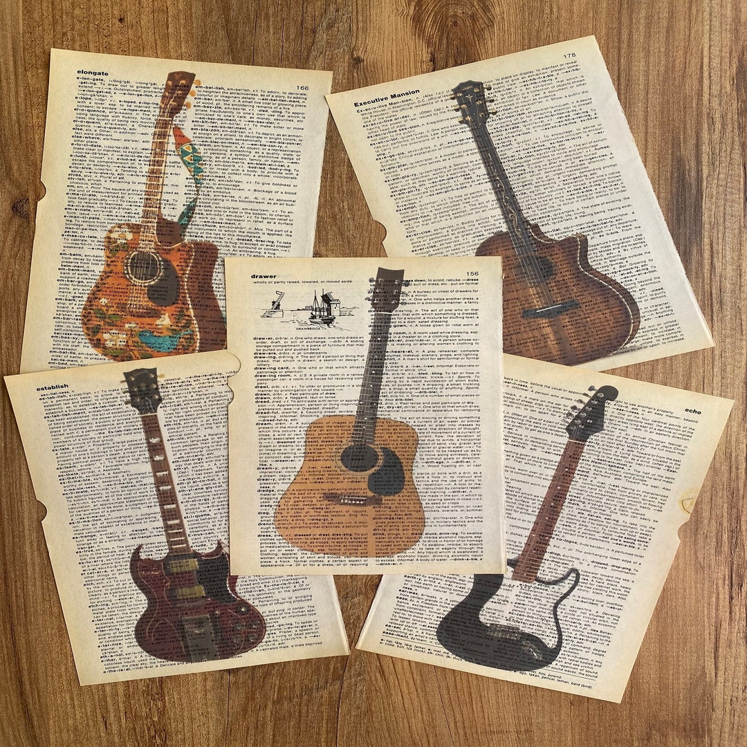 Set of 5 Guitar Prints on Old Dictionary Page, Guitar Poster on Antique ...