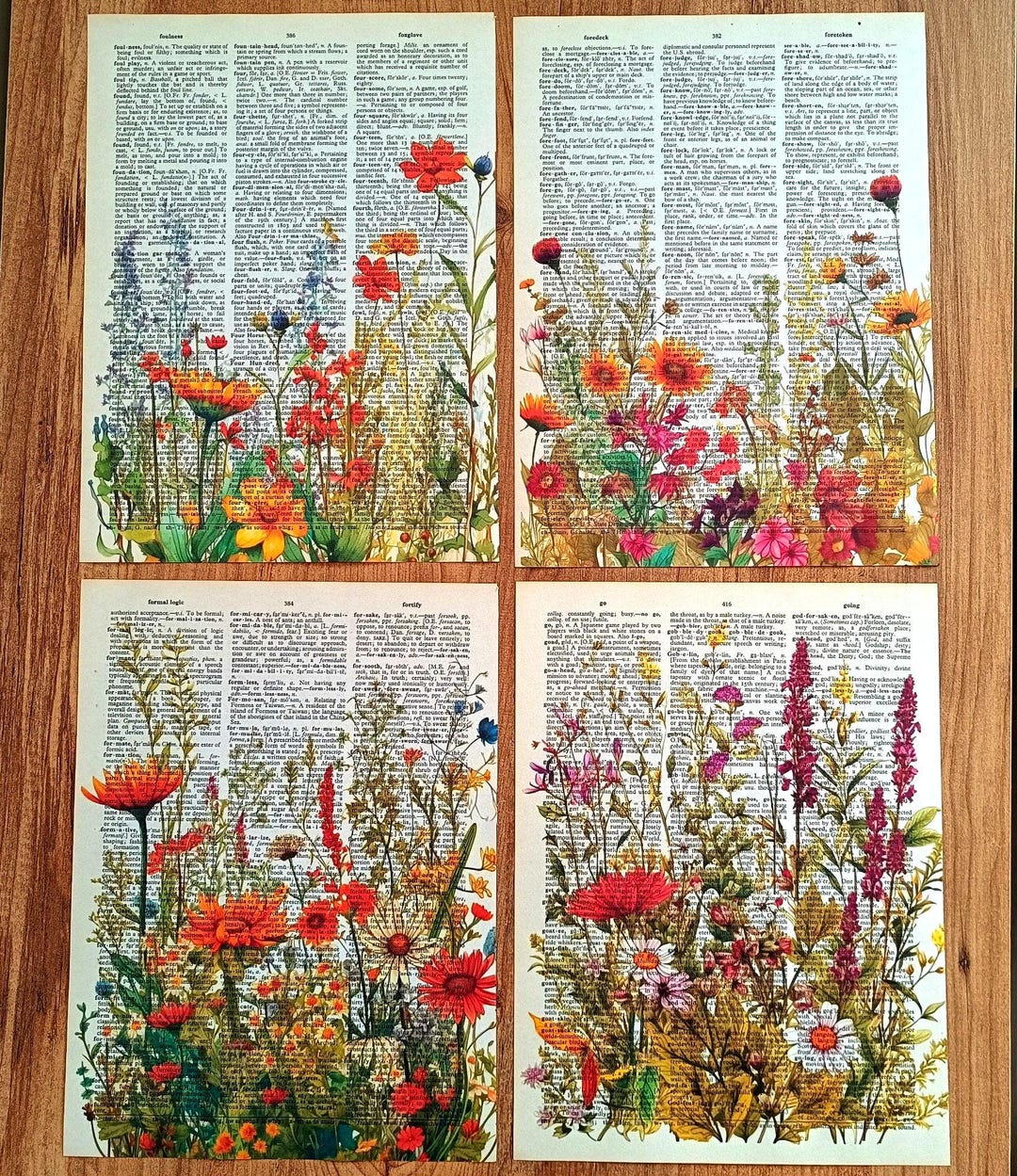 Set of 4 Vintage Dictionary Print, Wildflower Boho Nursery Decor ...