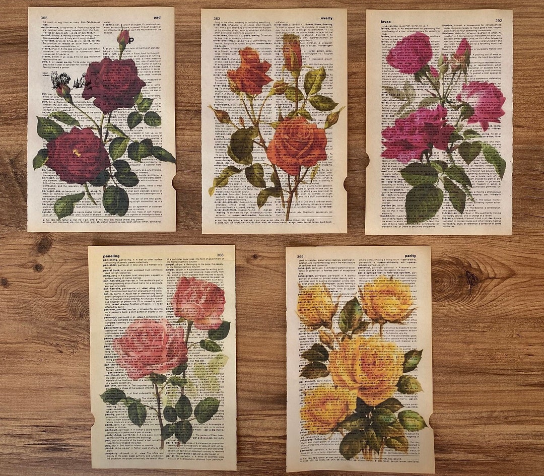 Set of 5 Art Prints on Old Dictionary Page, Roses Theme on Book Page ...