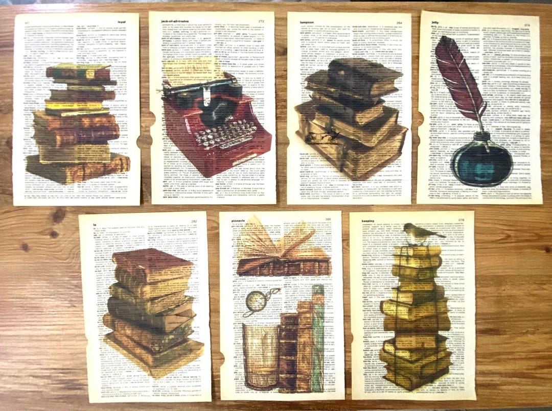 Set of 7 Old Books Art Prints on Old Dictionary Page, Vintage Books ...