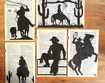 Set of 7 Cowboy Decor Dictionary Prints, Cowboy Poster, Black and White ...