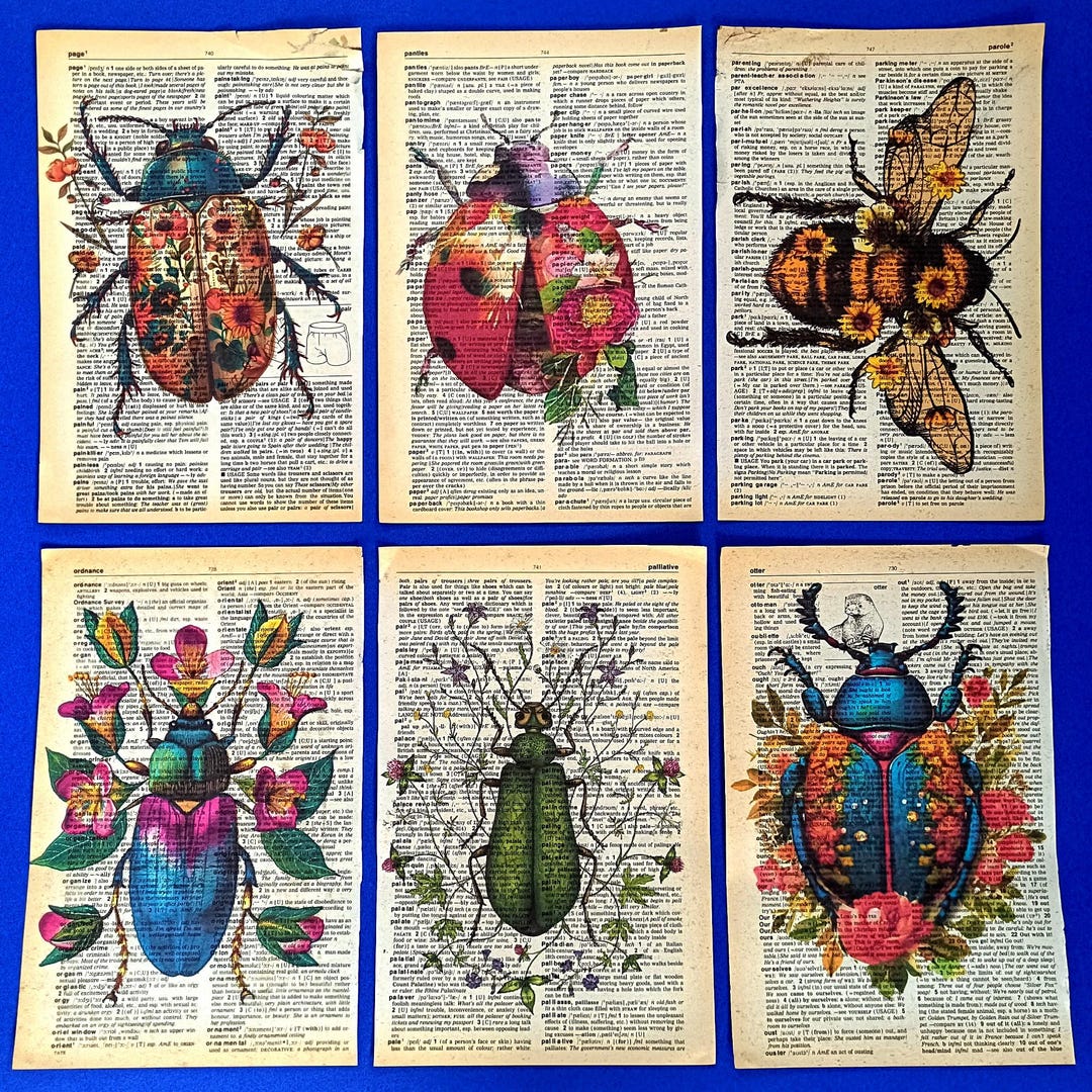 Set of 6 Floral Bugs, Vintage Decor, Beatle Print, Botanical Floral ...