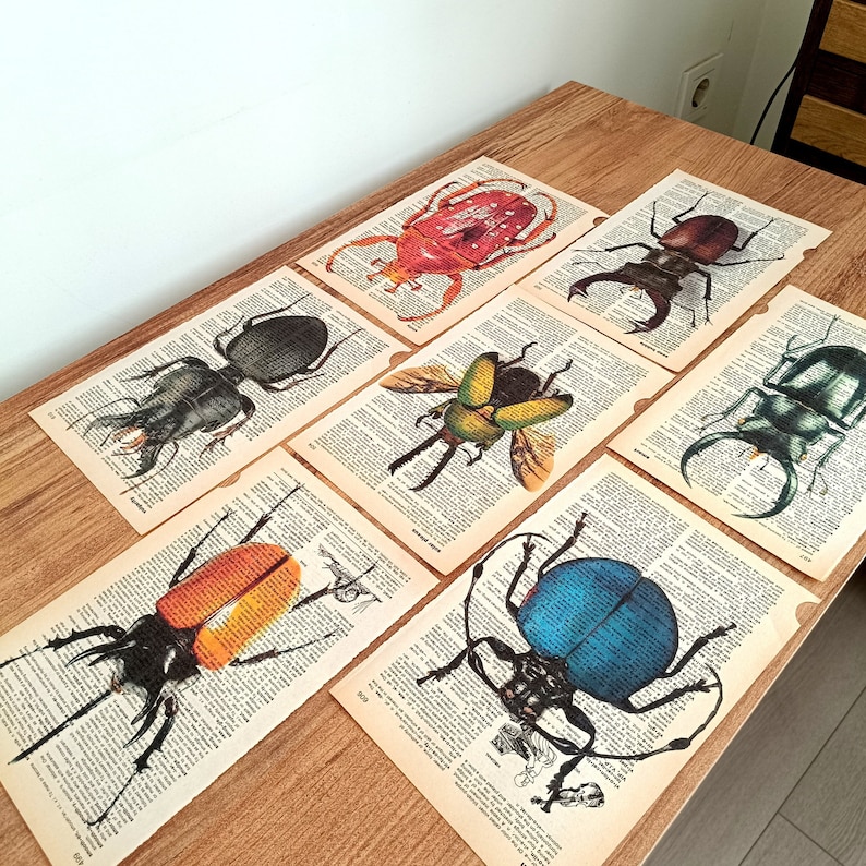 Bugs Prints on Antique Book Page, Set of 7 Insect Art Print on Old ...