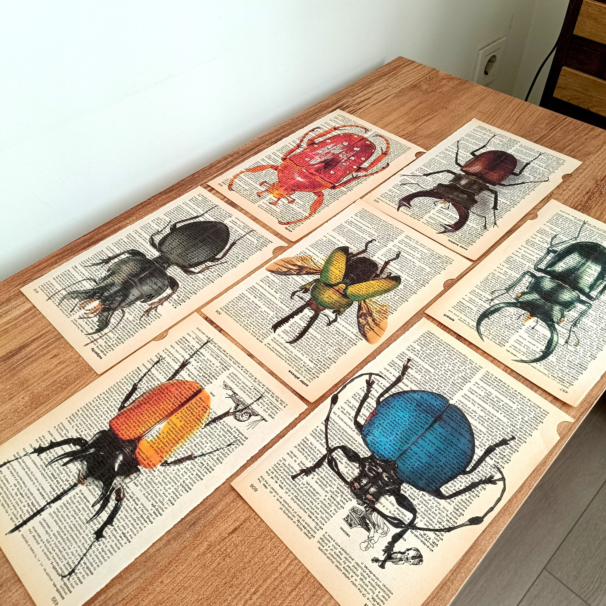 Bugs Prints on Antique Book Page, Set of 7 Insect Art Print on Old ...