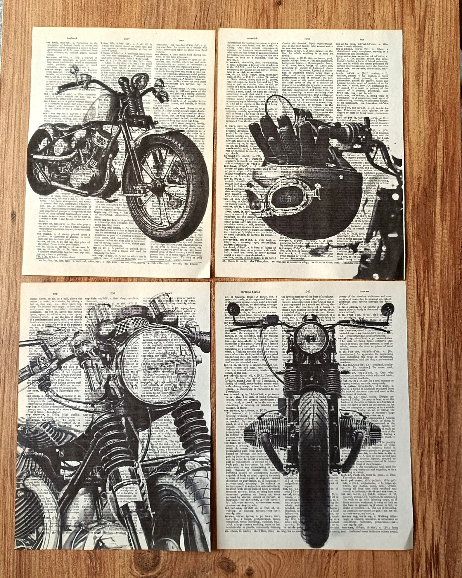 4 Motorcycle Prints on Antique Dictionary Page, Motorcycle Theme on ...