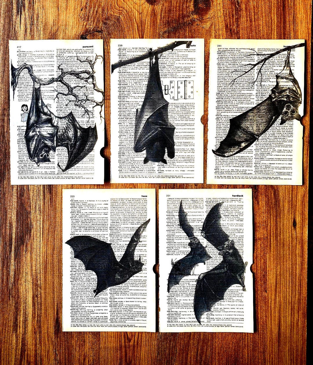 Set of 5 Bat Prints Dictionary Page, Bat Theme on Book Page, Romantic ...