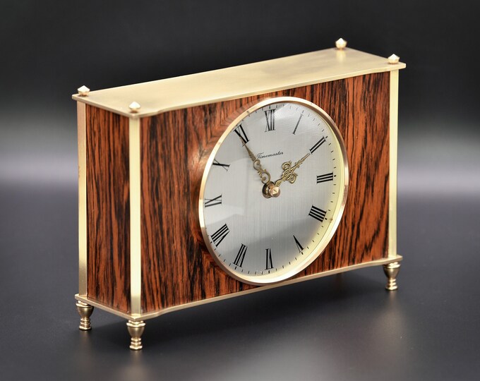 Classic Timemaster Early 1960's Brass & Faux Wood Effect Mantel Clock ...