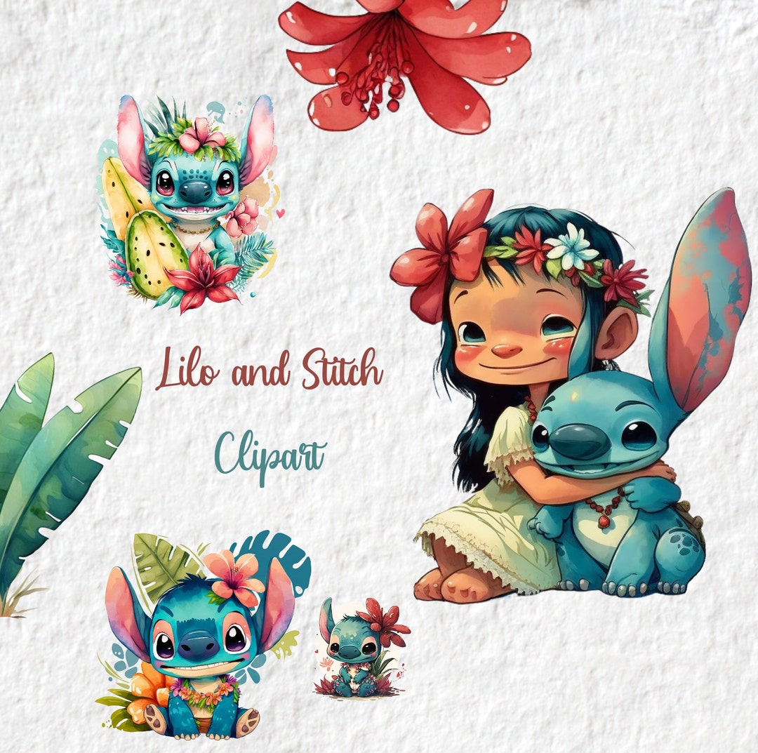 Clipart em aquarela de Lilo e Stitch, tema Aloha (PNG) - Etsy Portugal