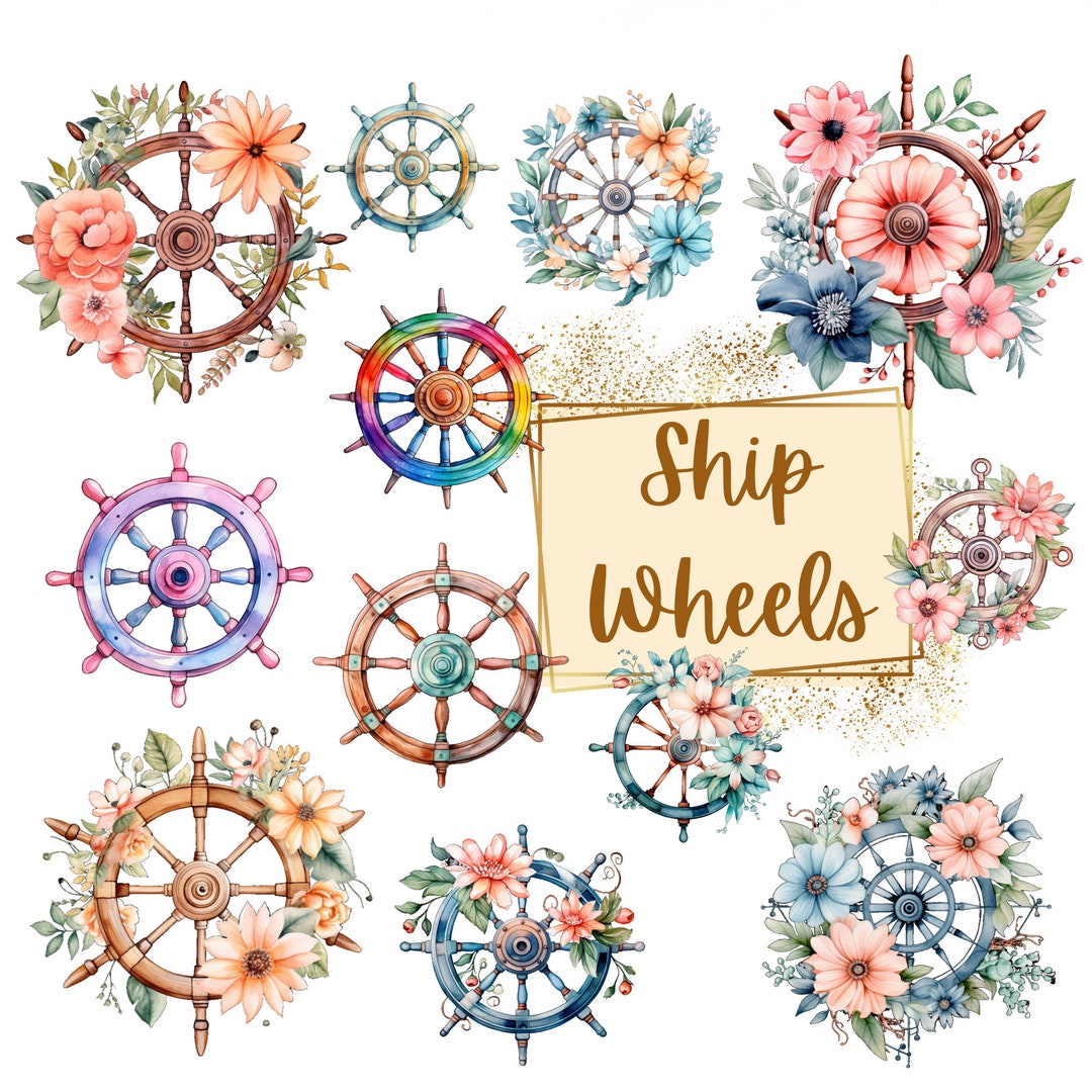 Ship Wheels Clipart, Floral Rudder Watercolor Clipart, Sea Shell ...