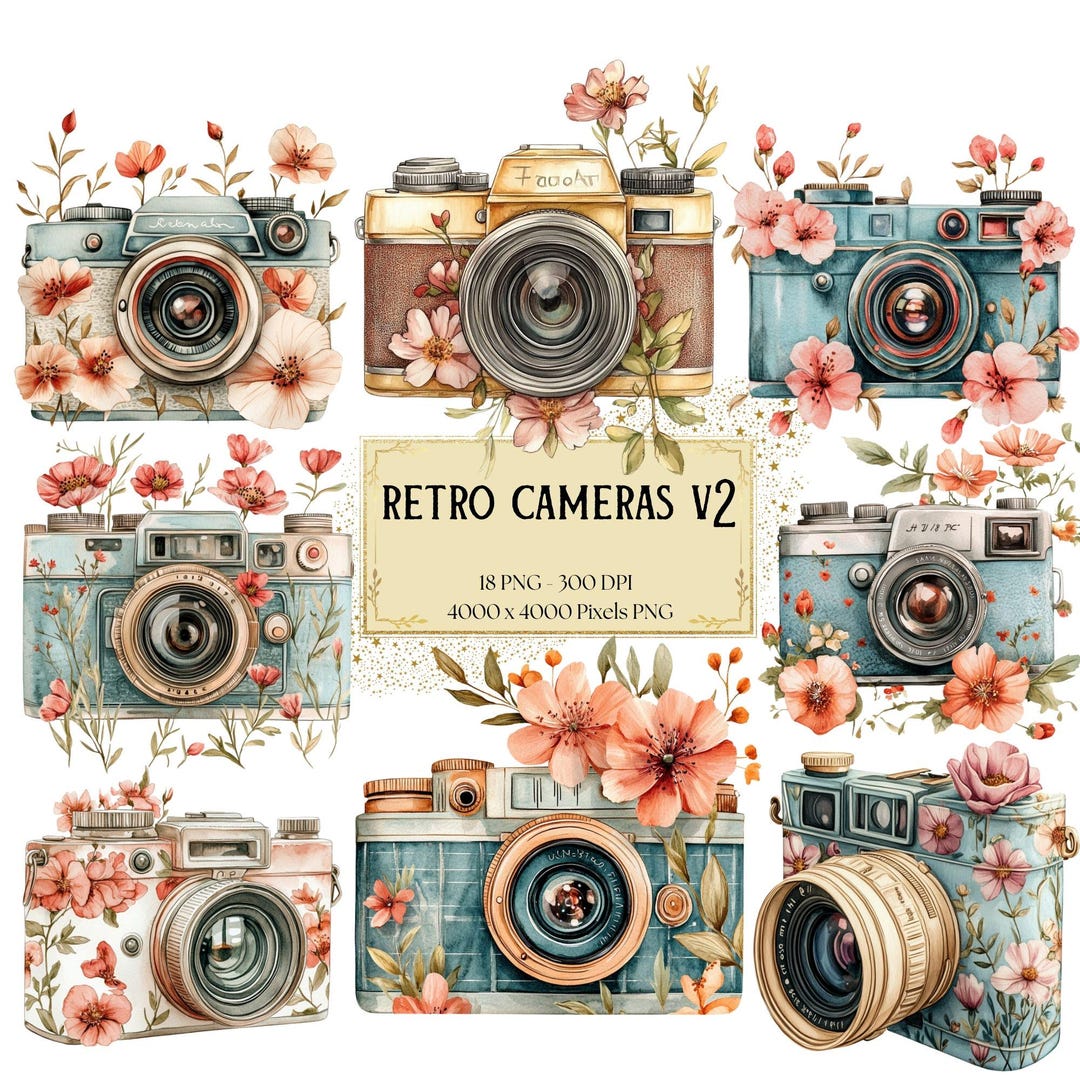 Floral Retro Camera Clipart, Vintage Camera Clipart, Old Style Cameras ...