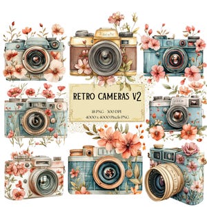 Floral Retro Camera Clipart, Vintage Camera Clipart, Old Style Cameras ...