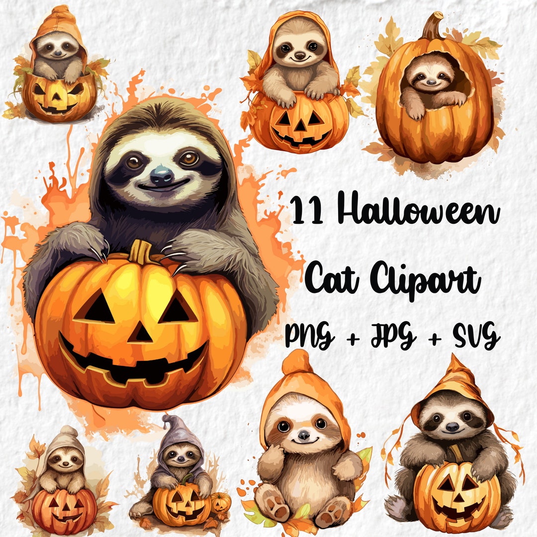 Halloween Sloth Clipart, Halloween Sloth Watercolor Clipart, Sloth Fall ...