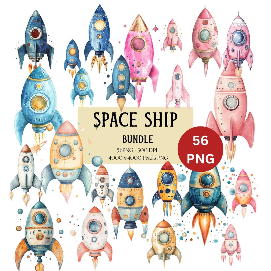 Space Ship Bundle Clipart, Blue Pink Space Rocket Ship Png, Outer Space ...