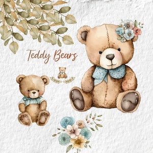 Teddy Bear Clipart, Brown Bear Watercolor Clipart, Birthday Party Decor ...