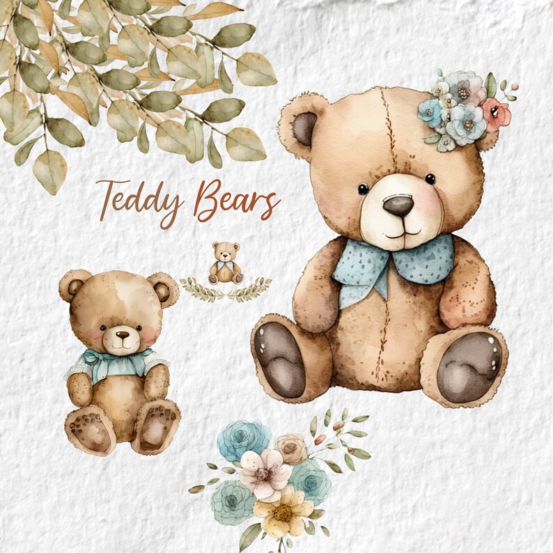 Teddy Bear Clipart, Brown Bear Watercolor Clipart, Birthday Party Decor ...